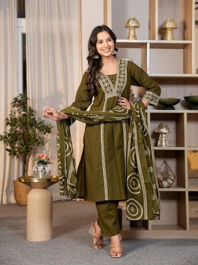 Olive Green Adda Work Cotton Anarkali Suit Set – BONYHUB