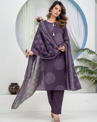 Dark Purple Elegant Ada Work Pure Cotton Straight Suit Set – BONYHUB