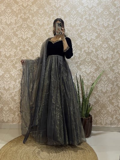 Black Velvet & Soft Tissue Silk Anarkali Gown Dupatta Set Of 2 – BONYHUB