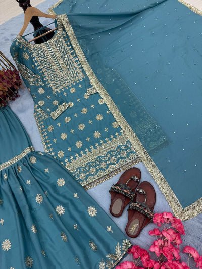 Blue Georgette Moti Latkan Sharara Suit UK Next Day – BONYHUB
