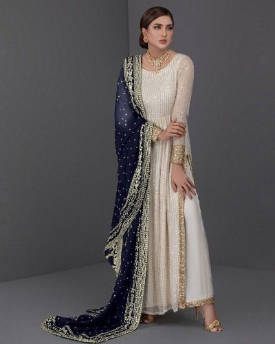 Navy Blue chunni Anarkali Gold Embroidery Gown Set of 3 UK Next Day ...
